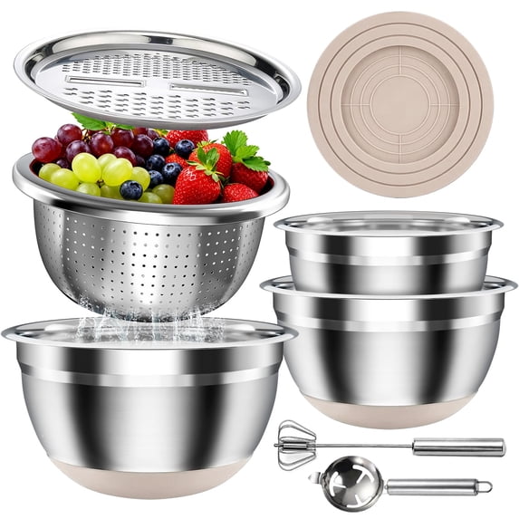 7-Piece Stainless Steel Kitchen Mixing Set Khaki With Lids, Silicone ...