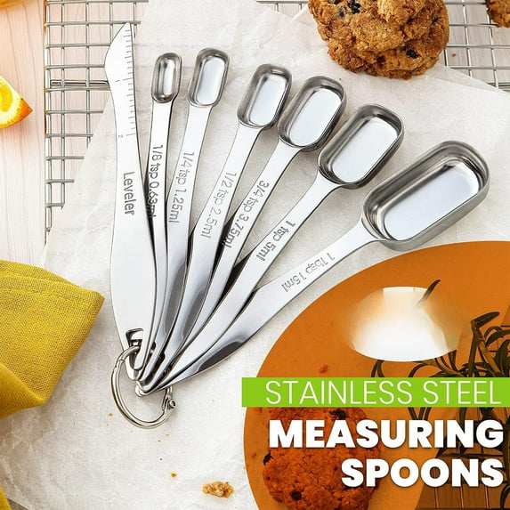 7-Piece Stainless Steel Measuring Spoons with Leveler, Rectangular Dual ...