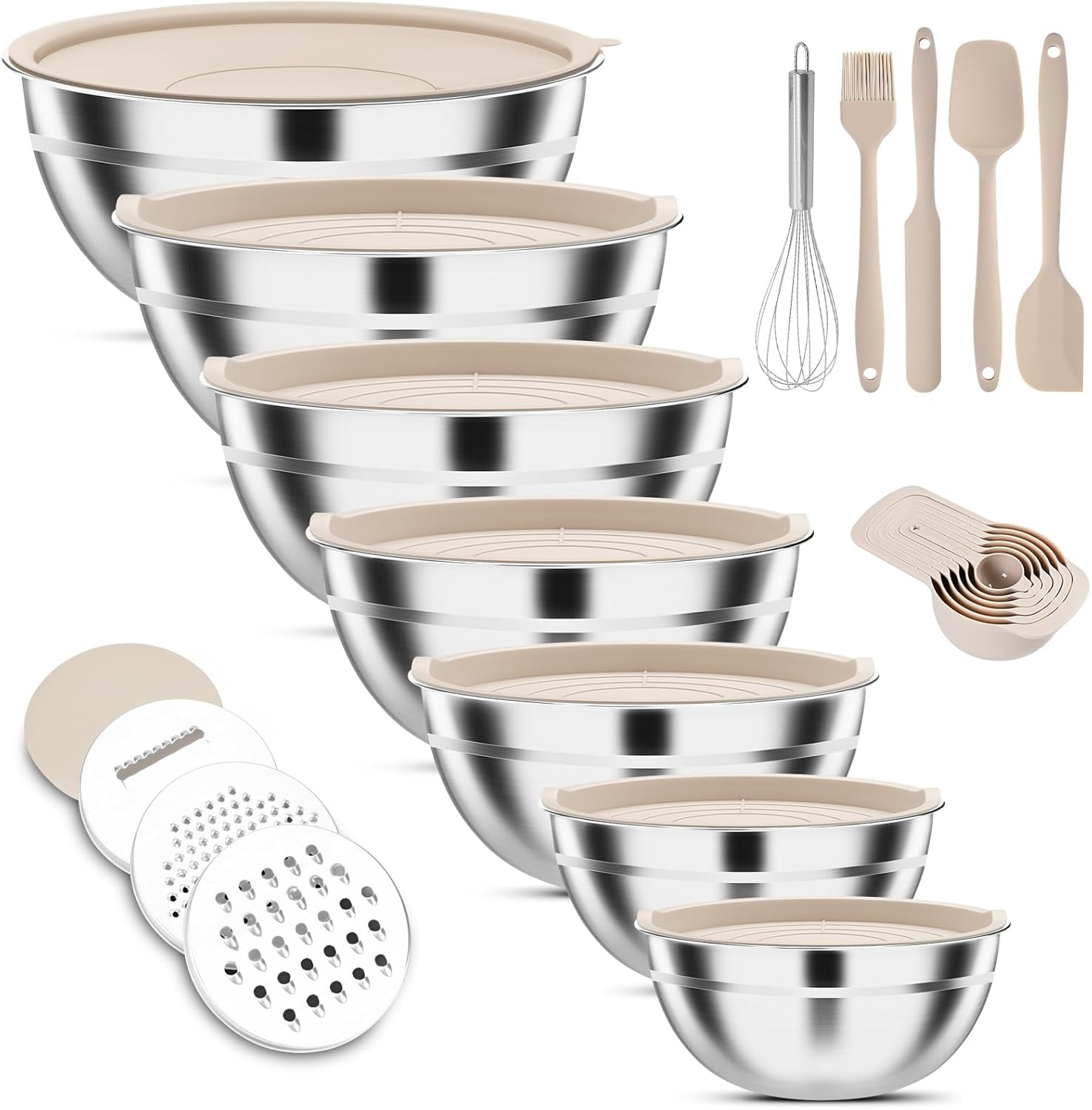 Stainless Steel Mixing Bowls Set with Lids and Grater Attachments, 7 ...