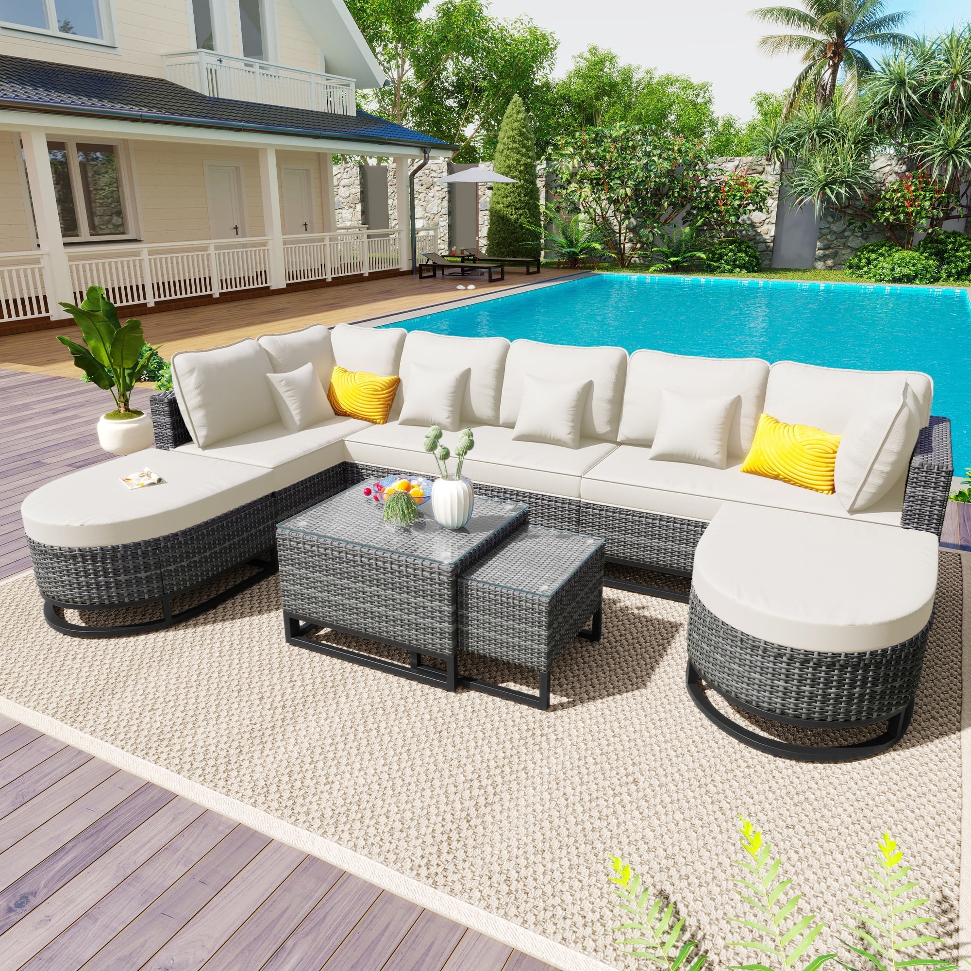 7-Piece Sturdy Frame Large Size Outdoor Wicker Sofa Set, Rattan ...
