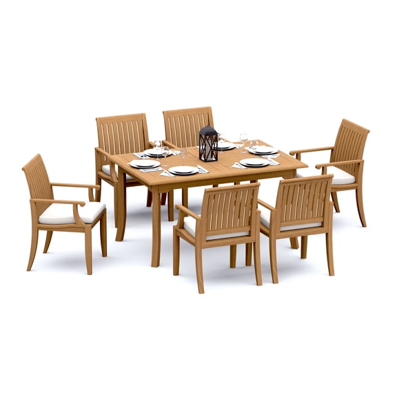 7-Piece Teak Dining Set: 60" Rectangle Table + 6 Lagos Arm Chairs ...