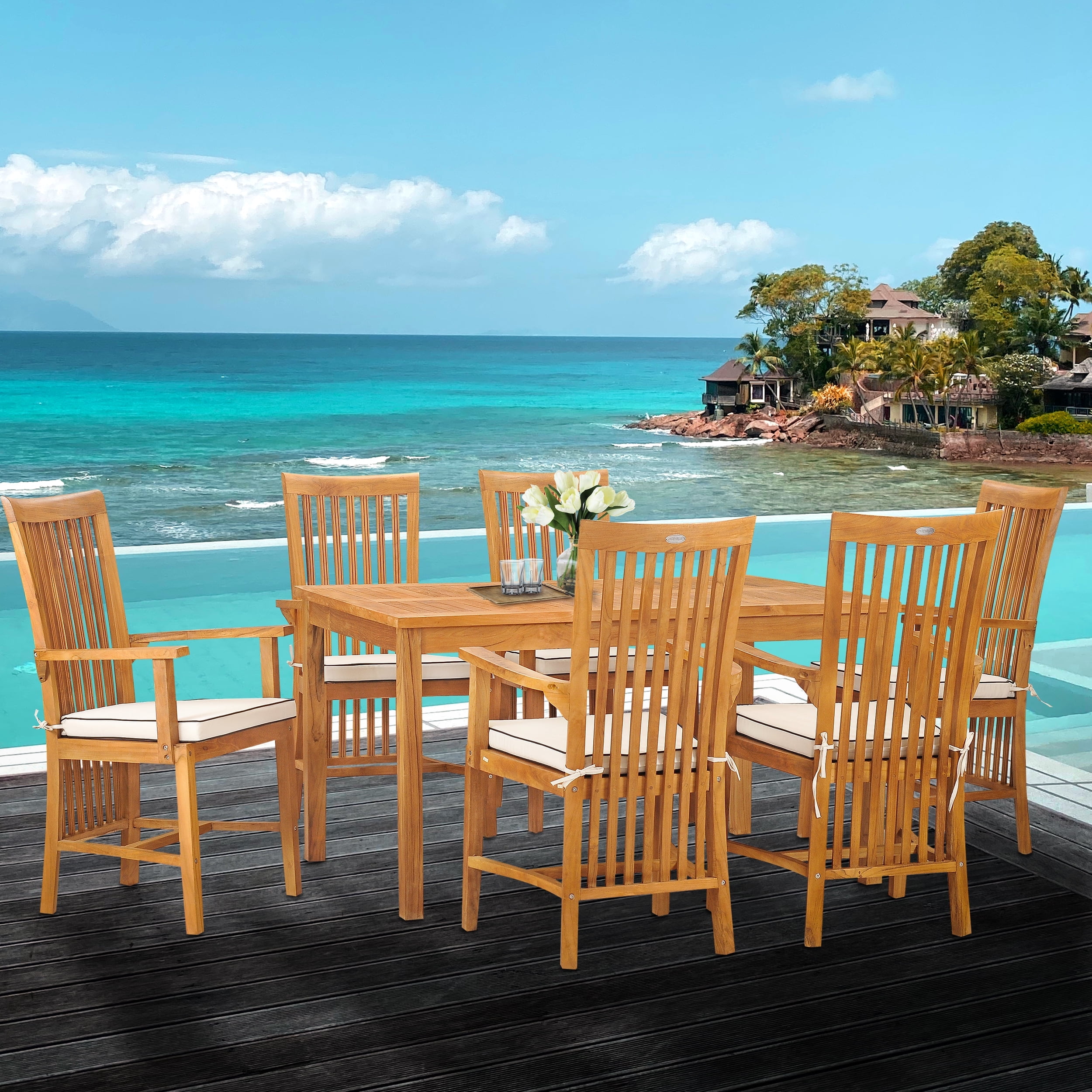 7 Piece Teak Wood Balero 55" Outdoor Patio Bistro Dining Set with 6 Arm ...