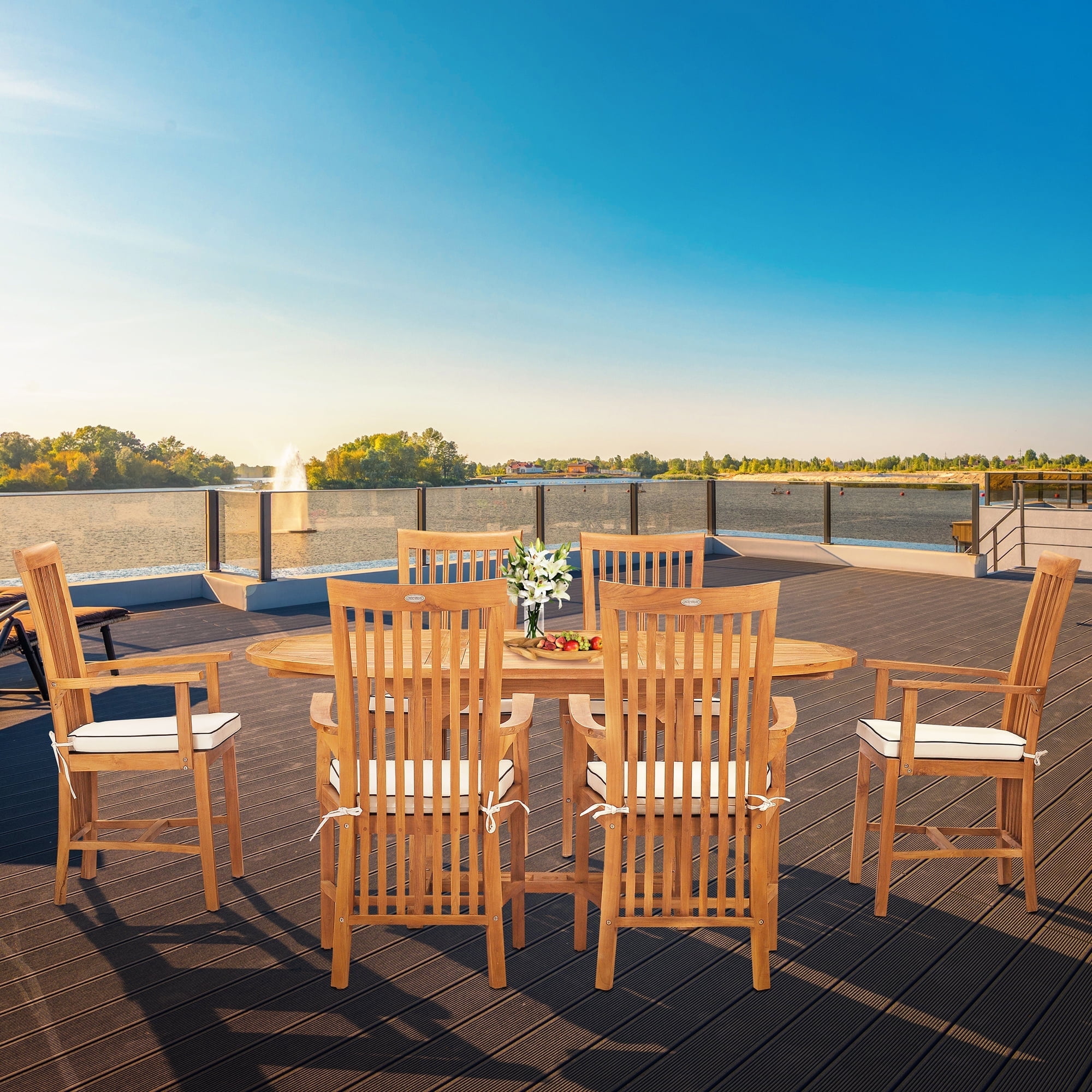 7 Piece Teak Wood Balero Round to Oval Outdoor Patio Dining Set with 6 ...
