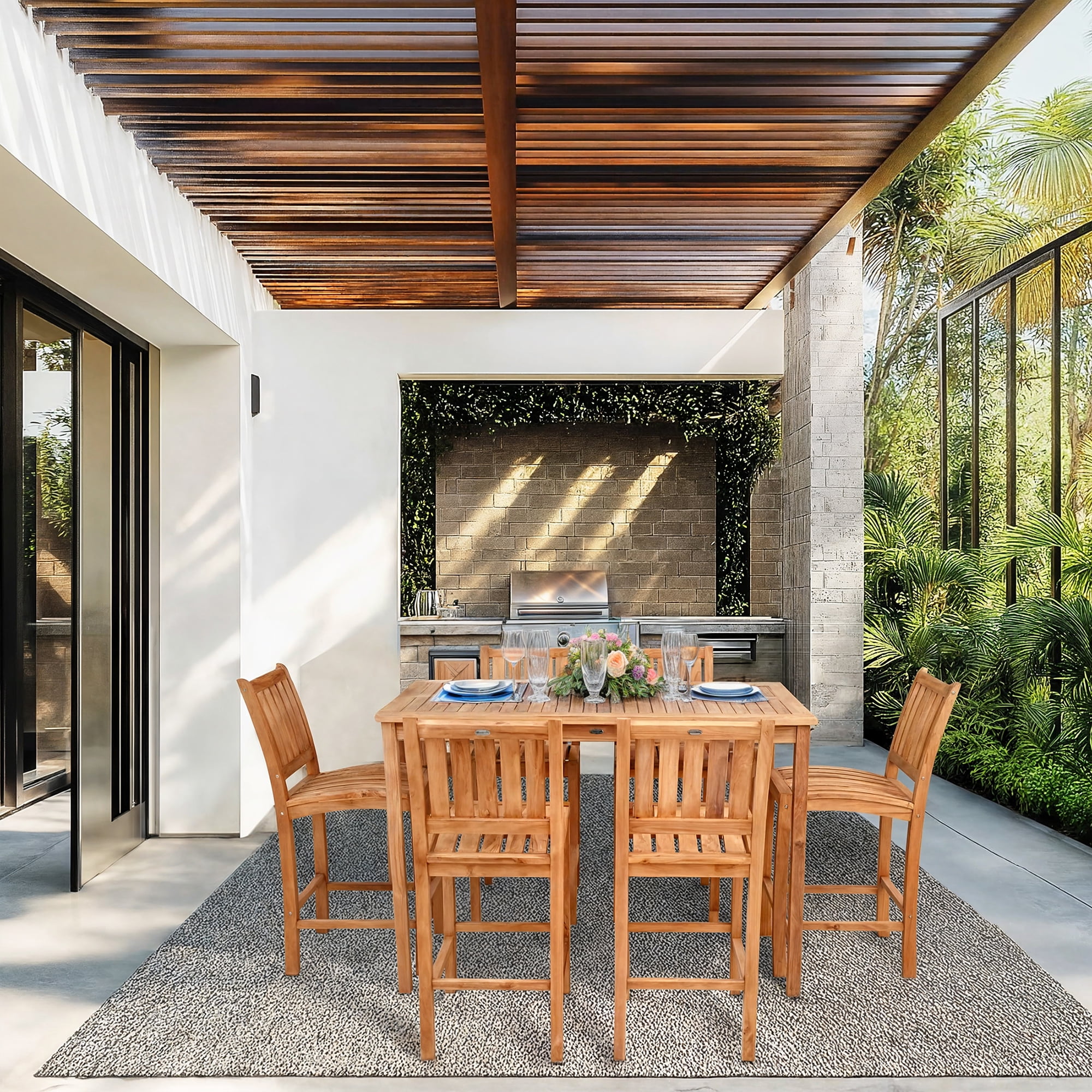 7 Piece Teak Wood Bistro Outdoor Patio Bar Set Including 63 ...