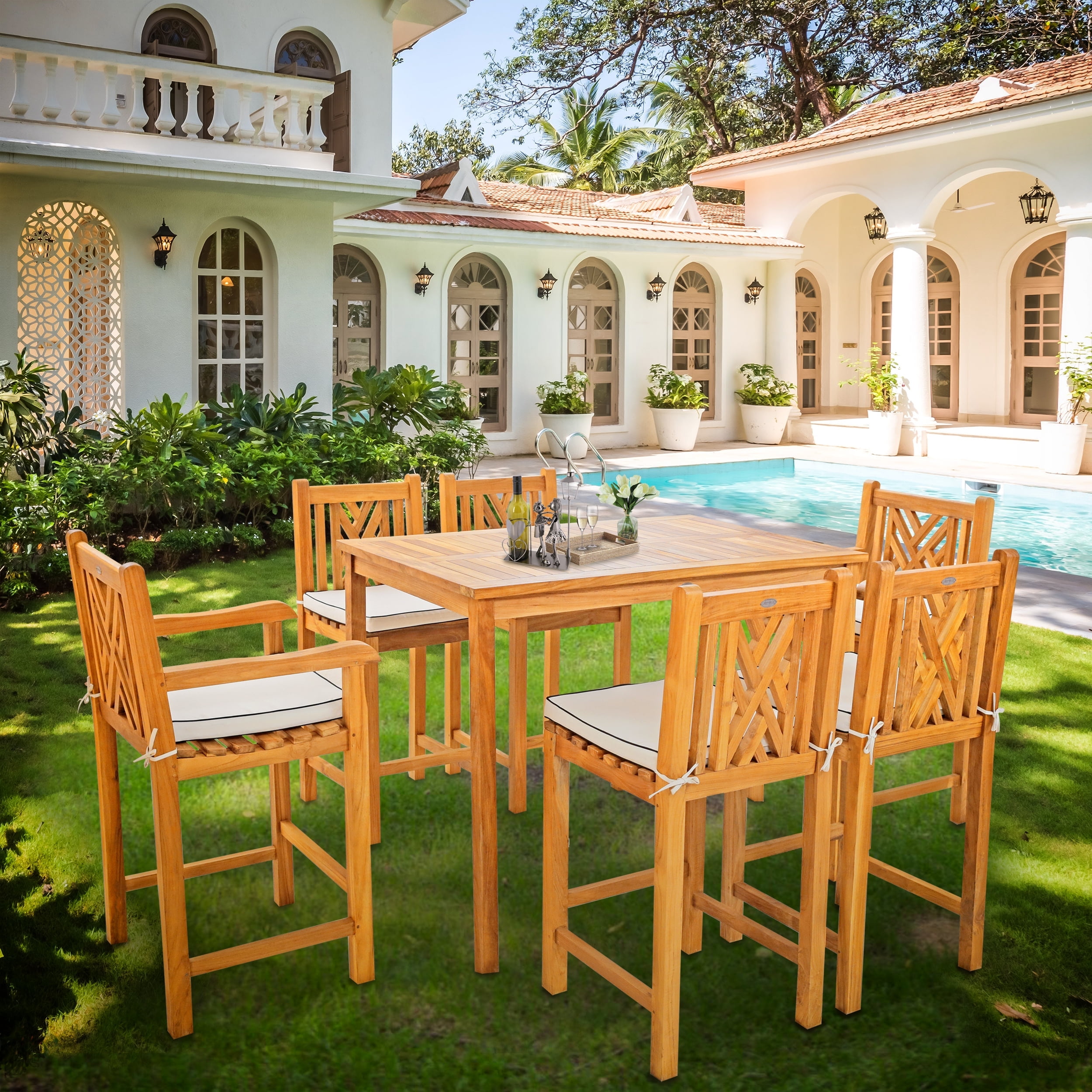 7 Piece Teak Wood Chippendale 55" Rectangular Outdoor Patio Bistro Bar ...