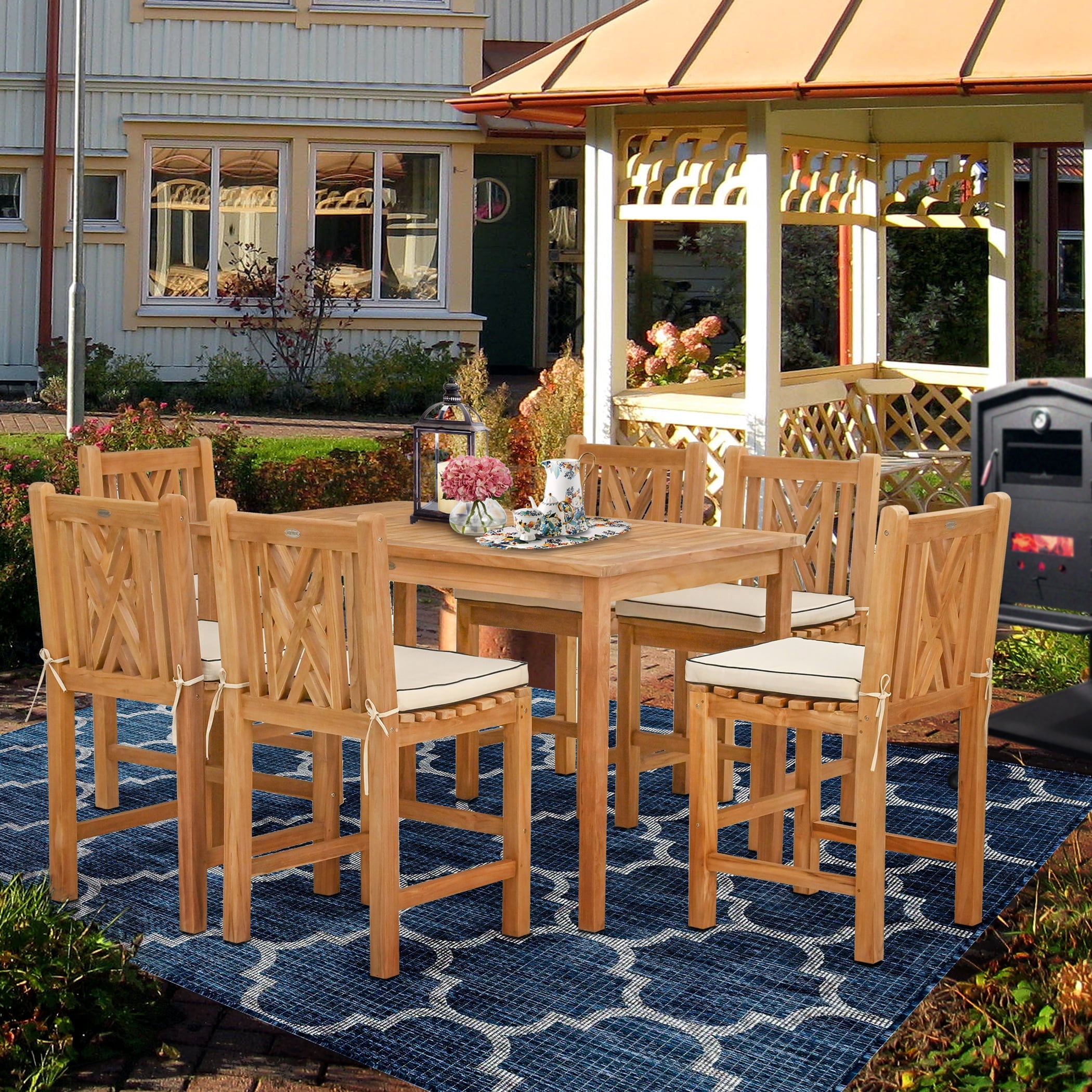 7 Piece Teak Wood Chippendale 55" Rectangular Bistro Outdoor Patio ...