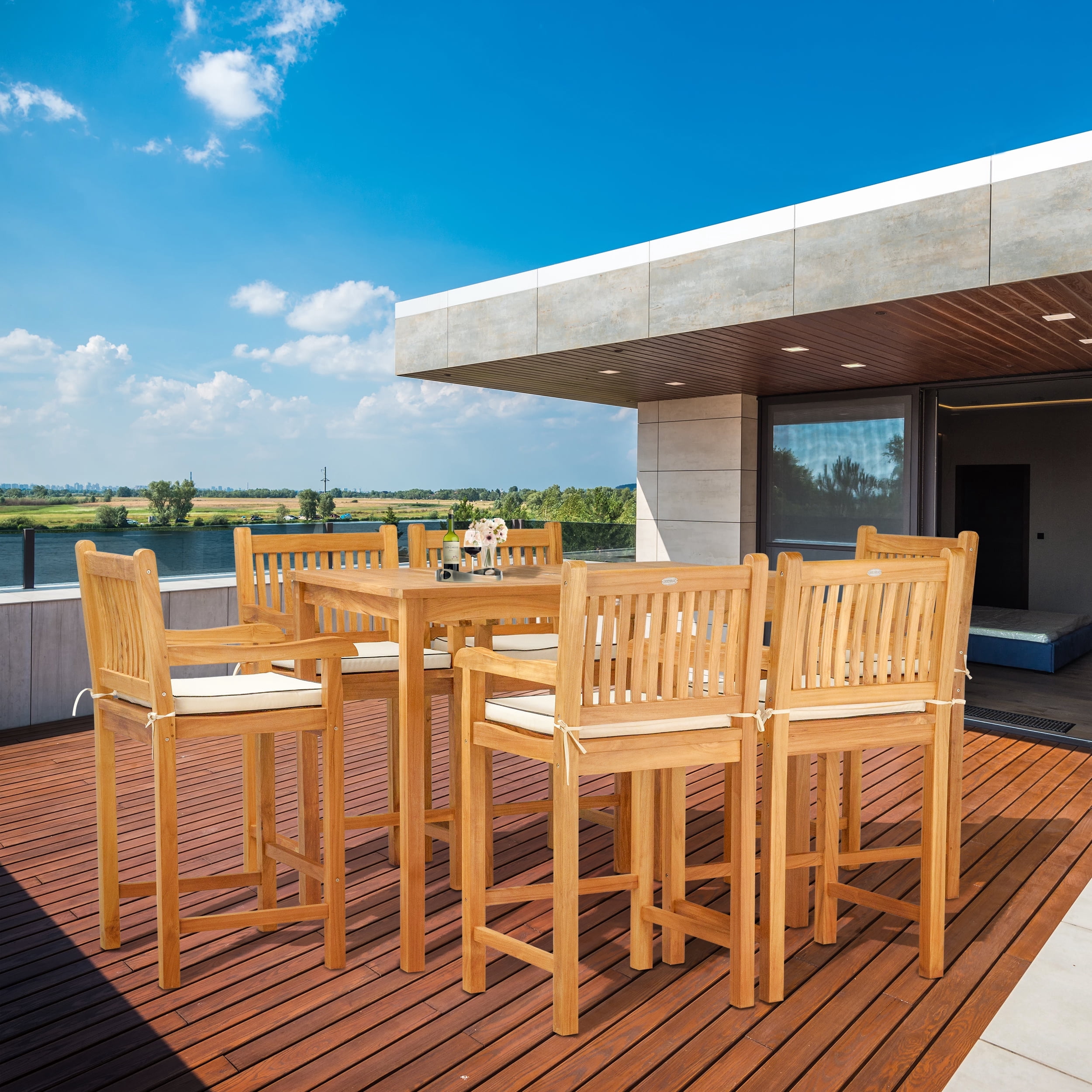 7 Piece Teak Wood Elzas 55" Rectangular Outdoor Patio Bistro Bar Set ...