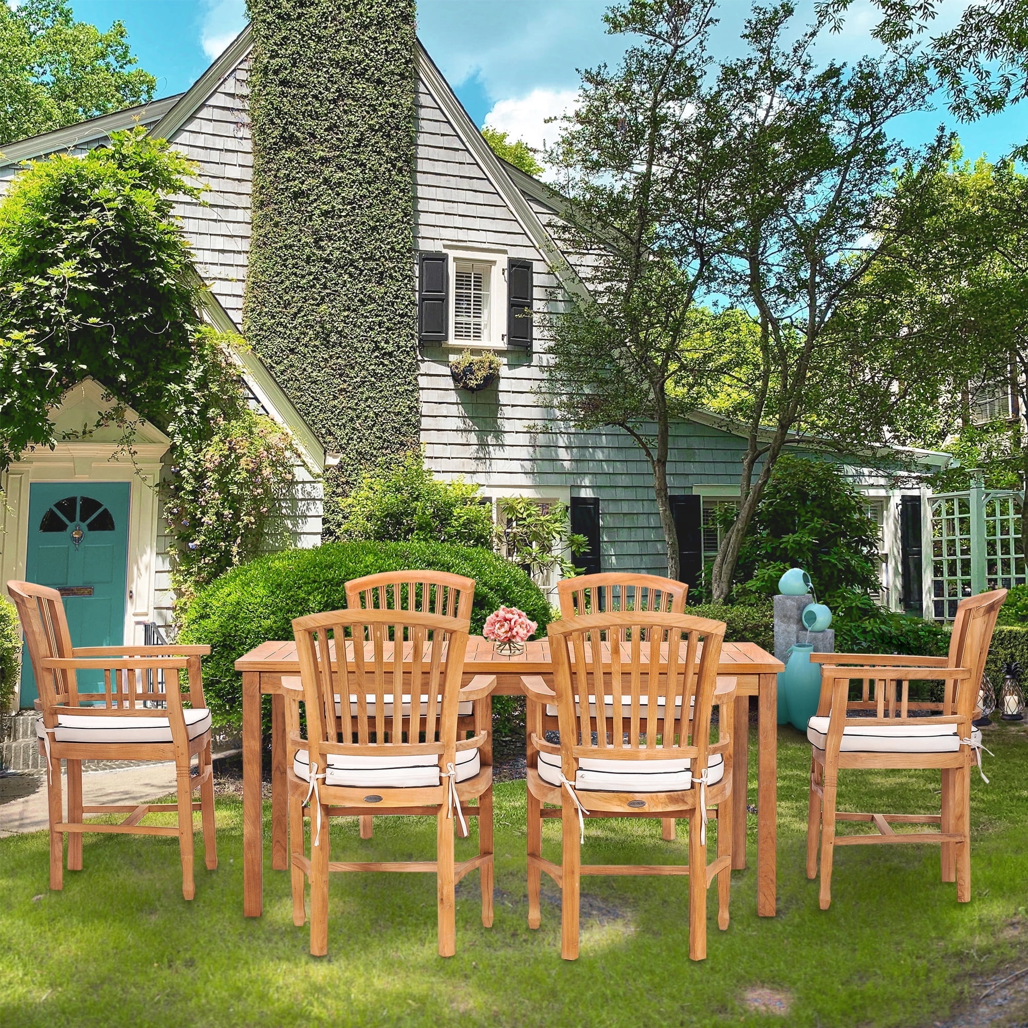 7 Piece Teak Wood Orleans 63" Outdoor Patio Bistro Dining Set with 6 ...