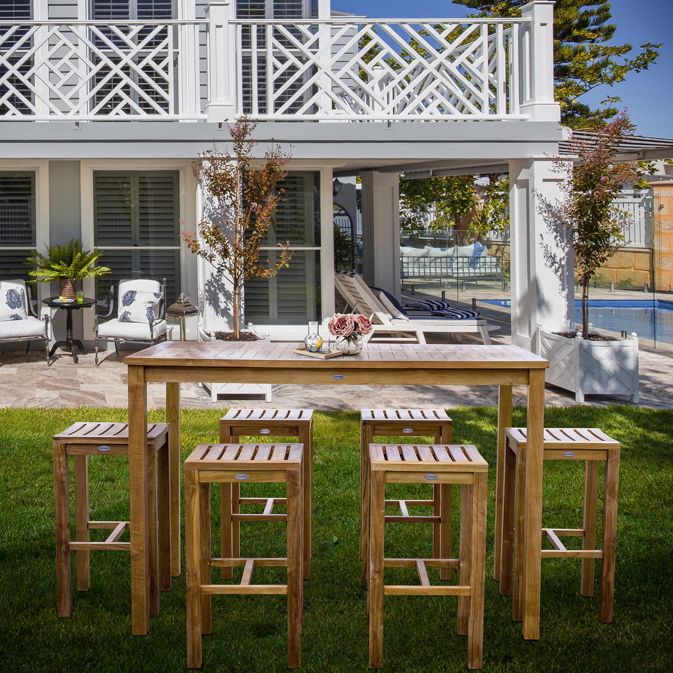 7 Piece Teak Wood Santa Monica Outdoor Patio Bistro Bar Set, 63" Bar ...