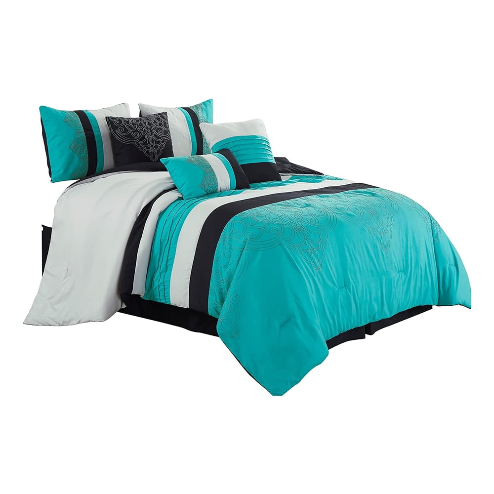 7-Piece Teal Geometric Embroidered Tassel Fringe Bedding Comforter Set ...