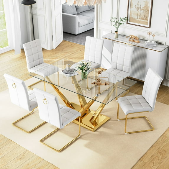 7-Piece Tempered Glass Dining Table Set, 63" Rectangular Modern Cross ...