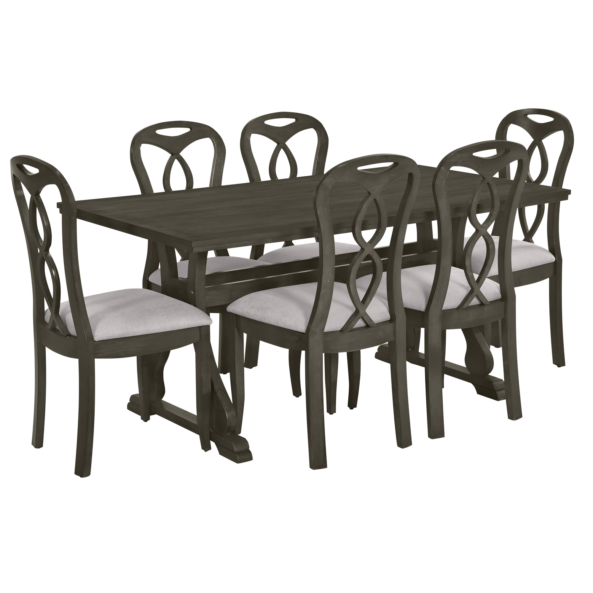 7 Piece Trestle Dining Table Set, Retro Dining Table Set With 6 ...