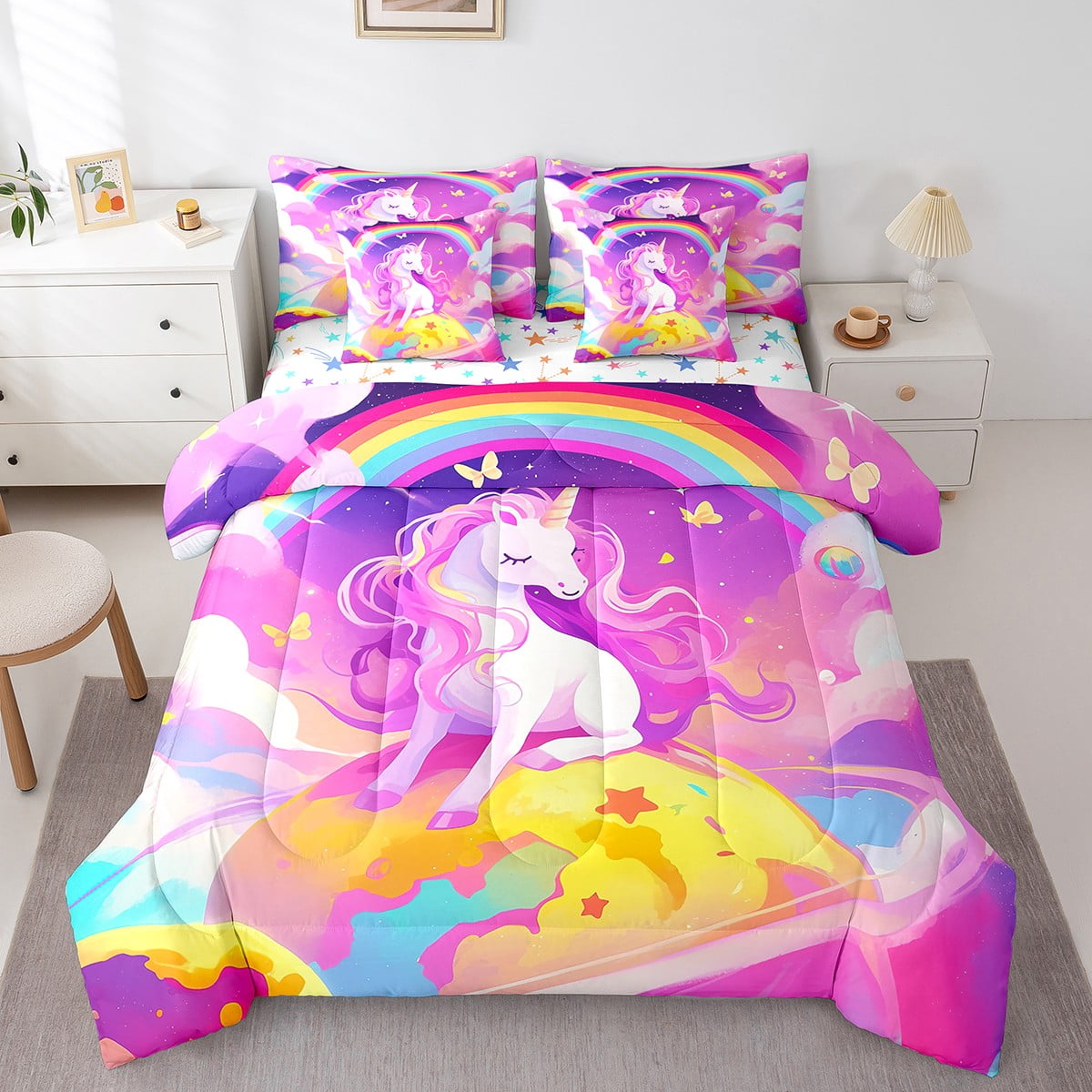 7 Piece Unicorn Bed in a Bag Full Size Rainbow Unicorn Bedding Sets ...