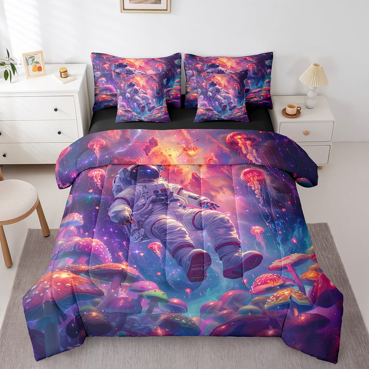 7 Piece Universe Astronaut King Bedding Set,Watercolor Mushroom ...