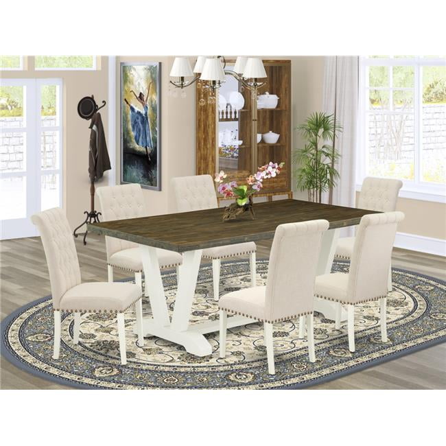 7 Piece V-Style Amazing Dining Table Set - Light Beige, Distressed ...