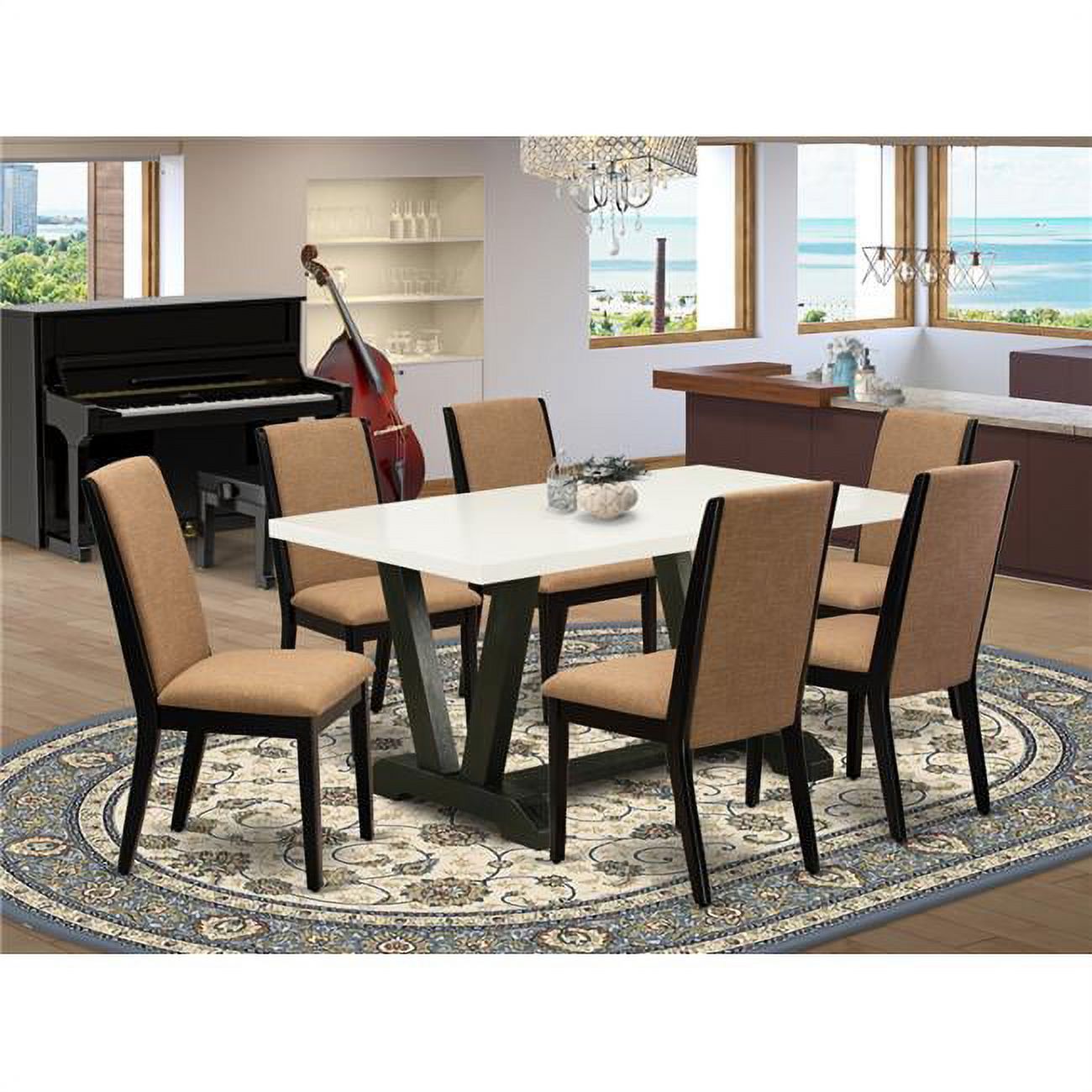 7 Piece V-Style Amazing Dining Table Set - Light Sable, Linen White ...