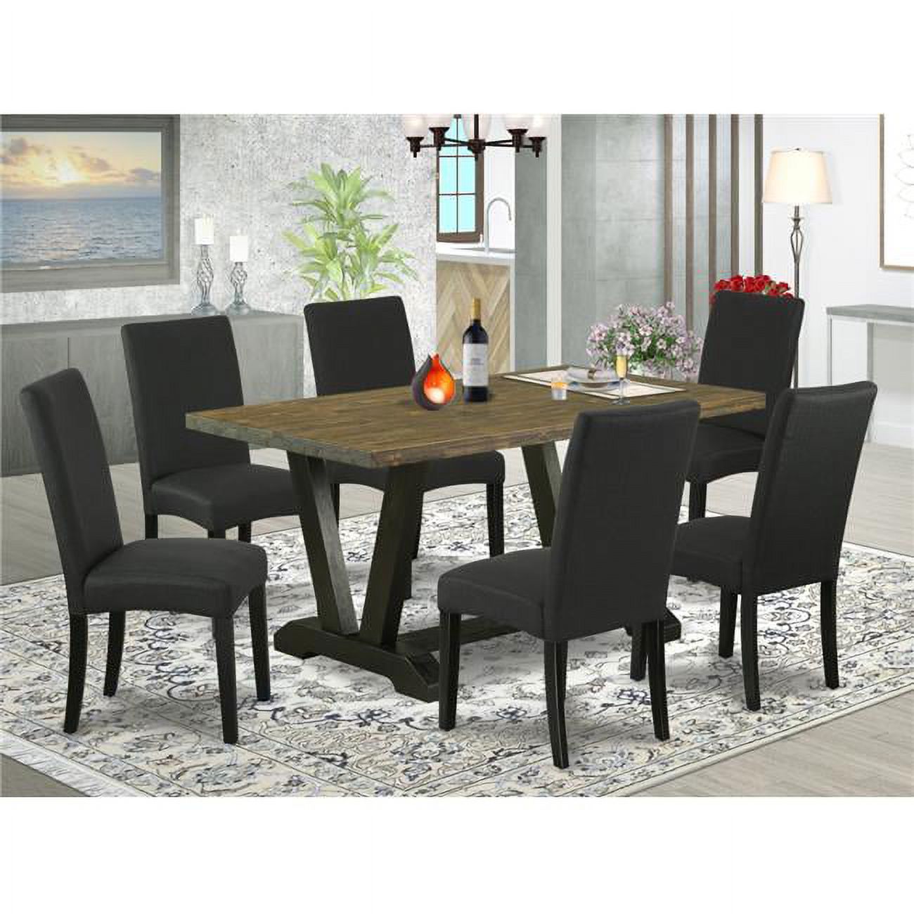 7 Piece V-Style Kitchen Dining Set - Distressed Jacobean & Black ...