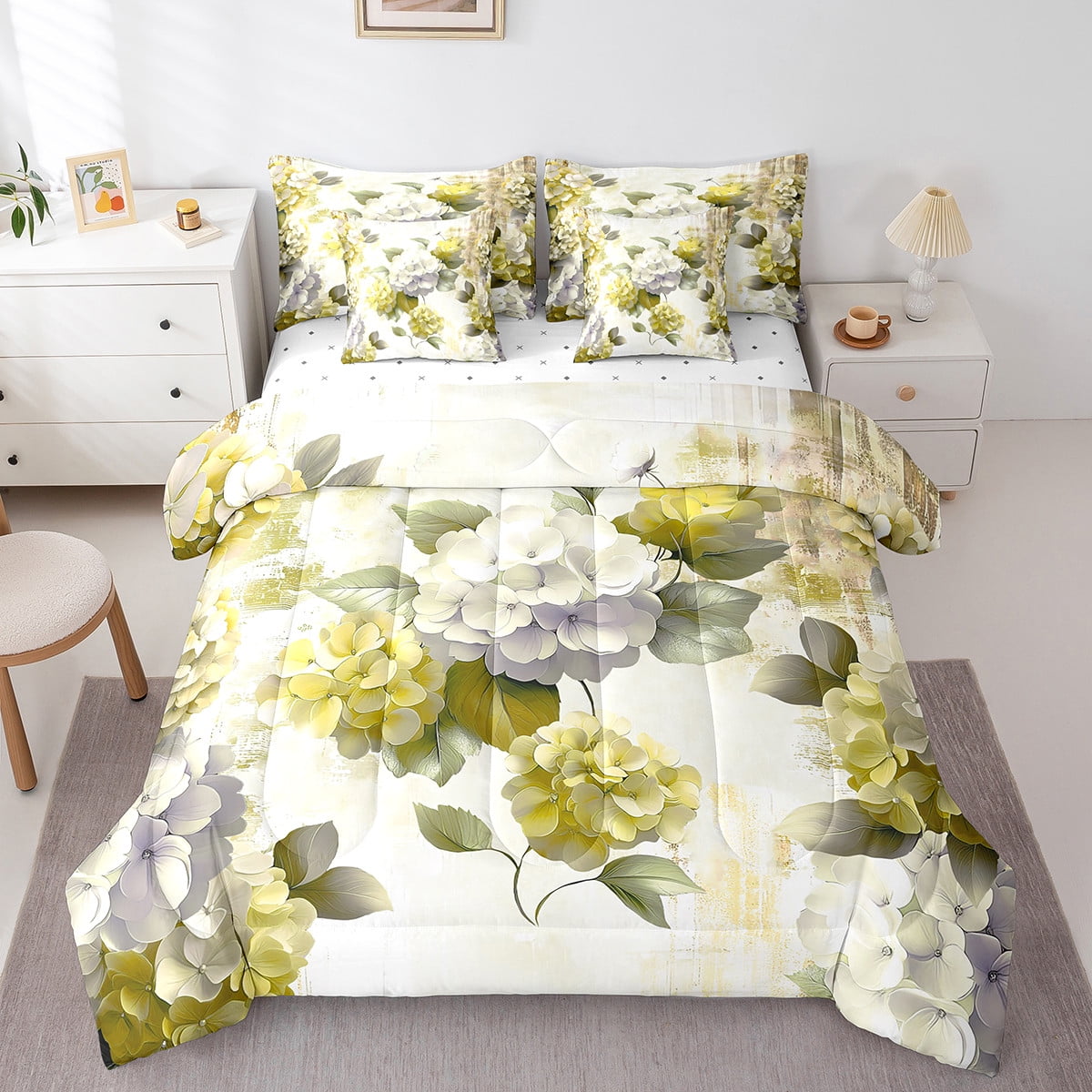 7-Piece Watercolor Hydrangea Bedding King Size Chic Flower Floral ...