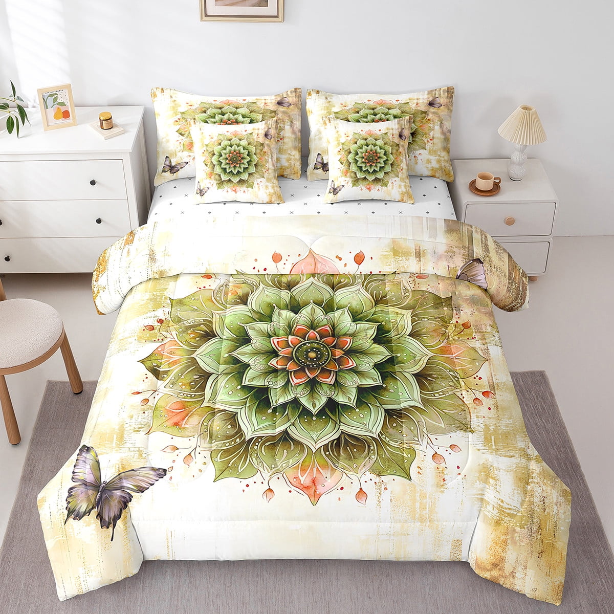 7-Piece Watercolor Mandala Bedding Queen Size Chic Flower Floral ...