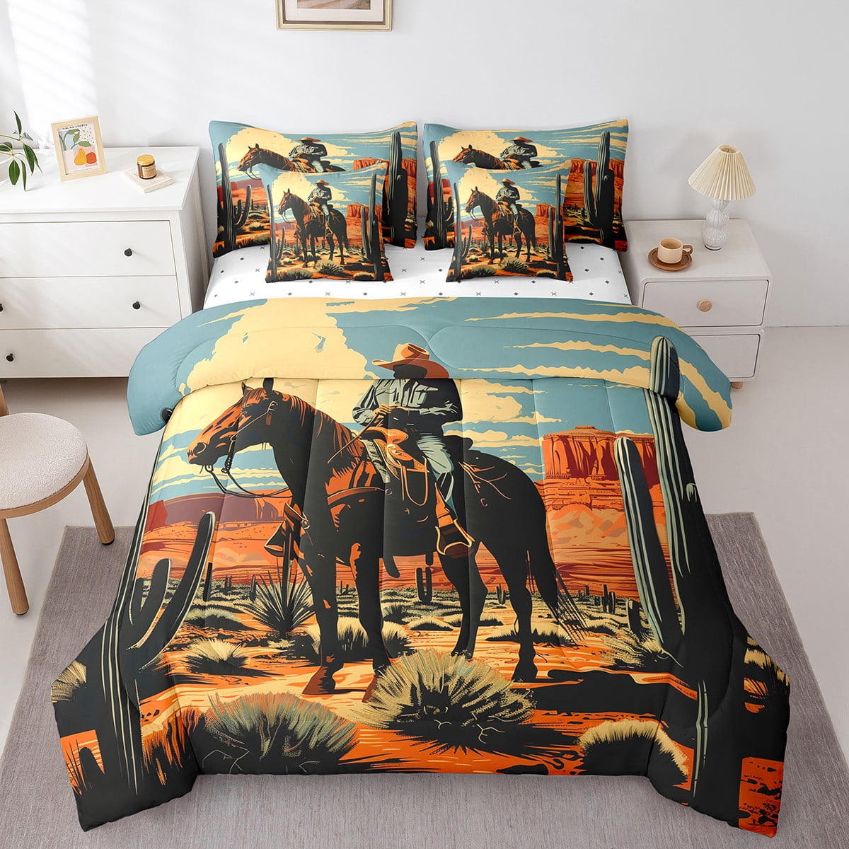 7 Piece Western Queen Bedding Sets,West Cowboy Horse Bed Set Men ...