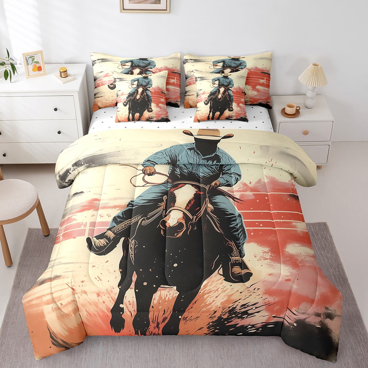 7 Piece Western Queen Bedding Sets,Wild West Cowboy Horse Bed Set for ...