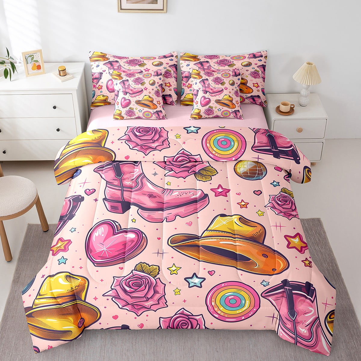 7 Piece Western Queen Comforter Set,Pink Cowgirl Boot Hat Bedding Sets ...