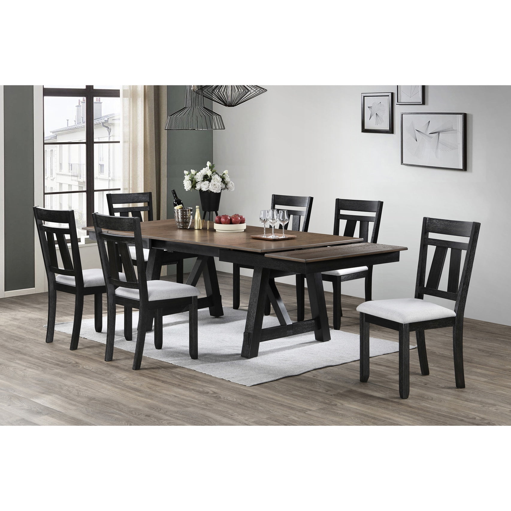 7-Piece Wheat Charcoal Dining Table Set with 2 Draw Leaves ...