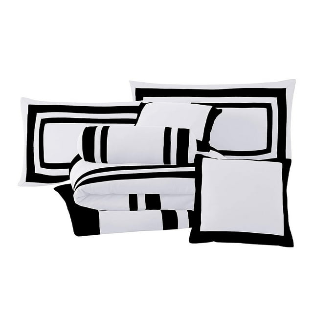 7-Piece White/Black Square Pattern Comforter Set, Hotel Style Bedding ...