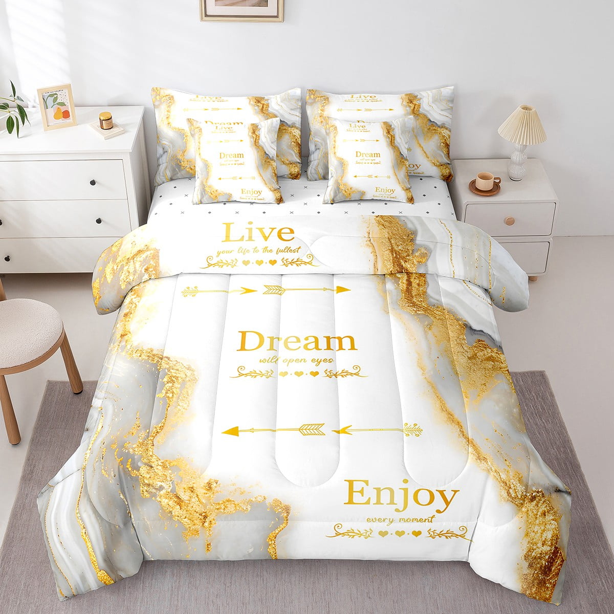 7 Piece White Golden Marble Bed in a Bag Twin Size Modern Abstract Art ...