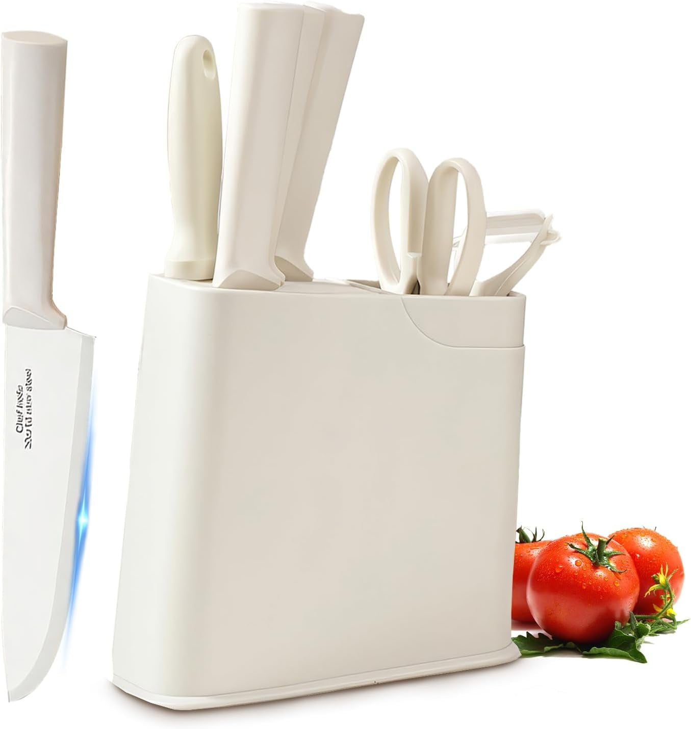 7-Piece White Kitchen Knife Set with Block – Stainless Steel Coated ...
