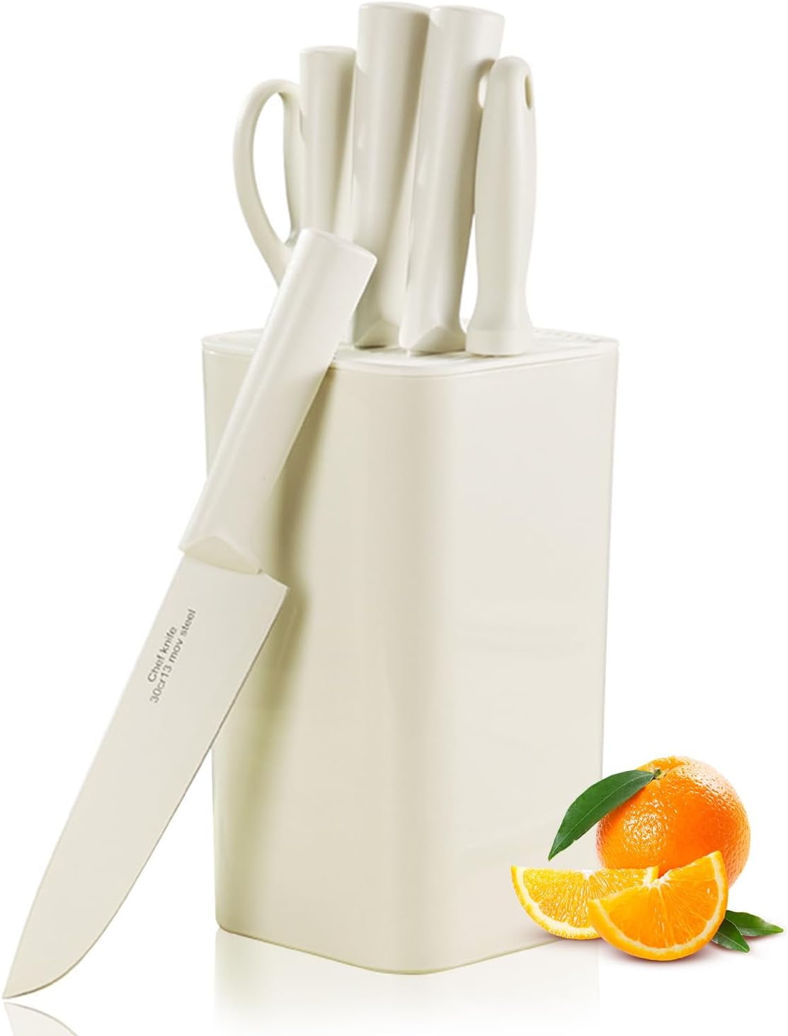 7-Piece White Knife Set with Block & Sharpener – Stainless Steel ...