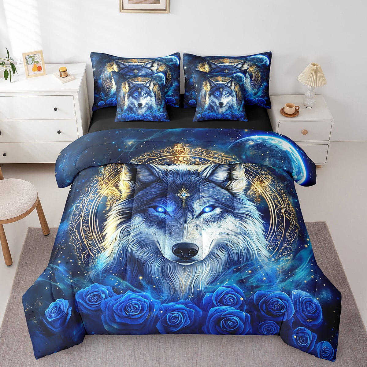 7 Piece Wolf Bed in a Bag Queen Size Boho Wolf Print Bedding Sets Blue ...
