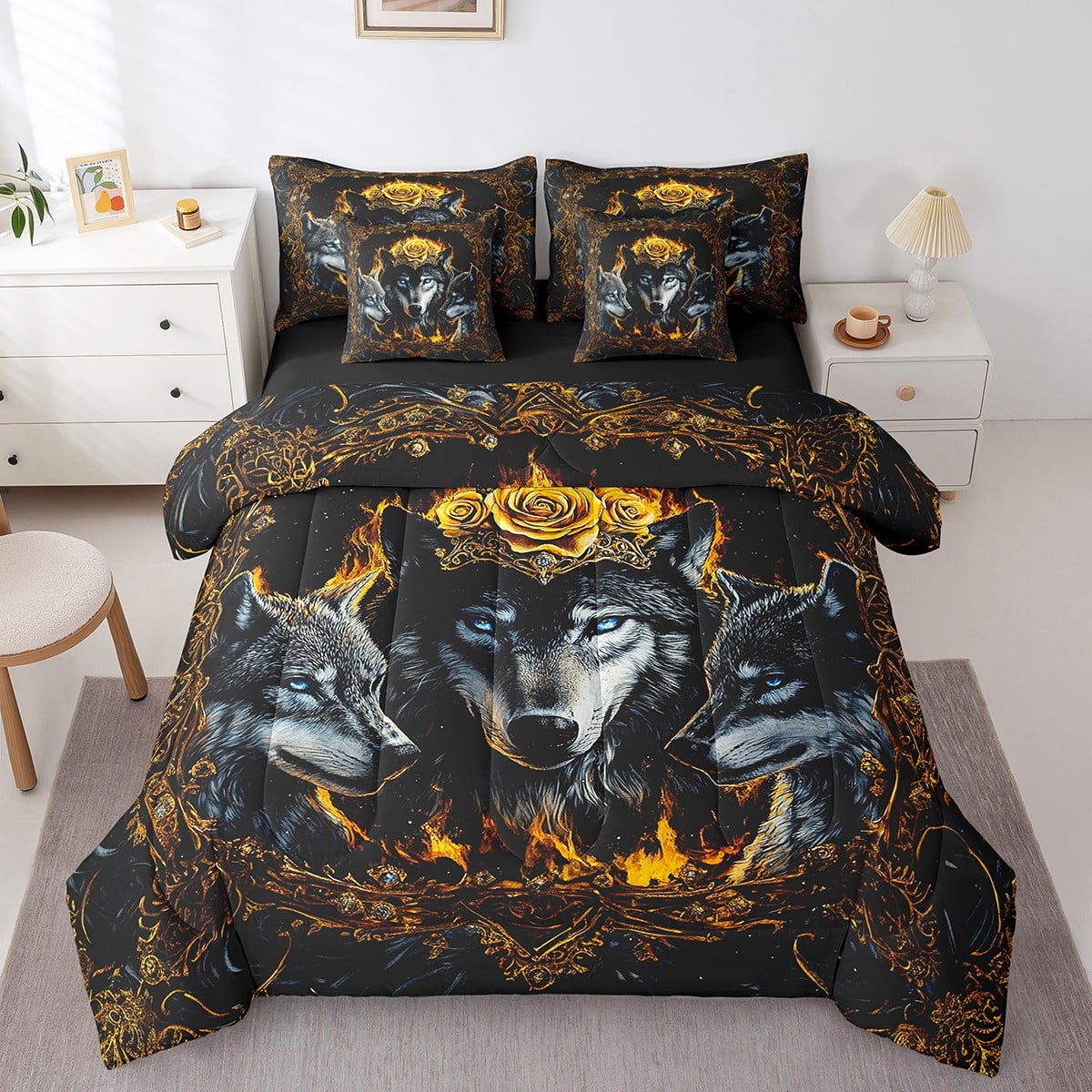 7 Piece Wolf Bed in a Bag Queen Size Yellow Rose Floral Bedding Sets ...