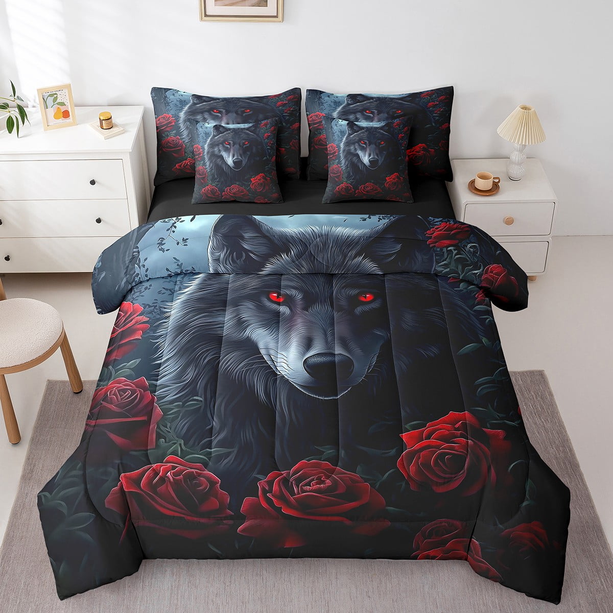 7 Piece Wolf Bed in a Bag Red Rose Floral Bedding Sets King Size Rustic ...