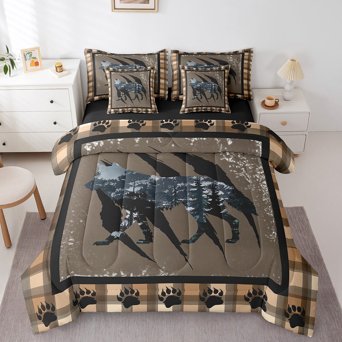 7 Piece Wolf Bedding Sets Full Rustic Bear Paw Print Bed in a Bag ...