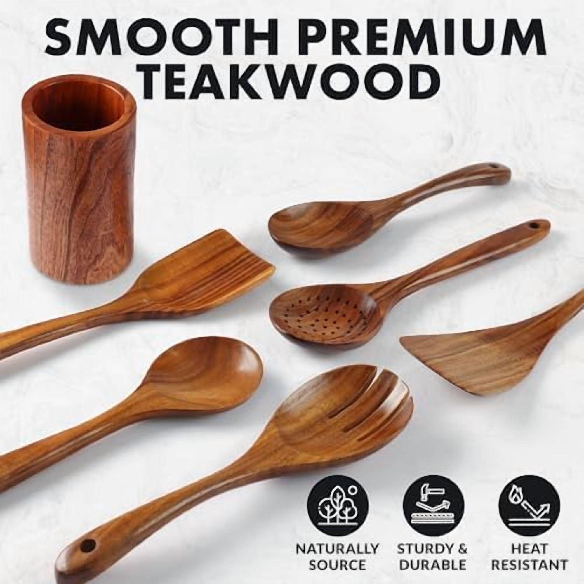 7-Piece Wooden Cooking Spoons Set – Heat-Resistant, Smooth Teak ...