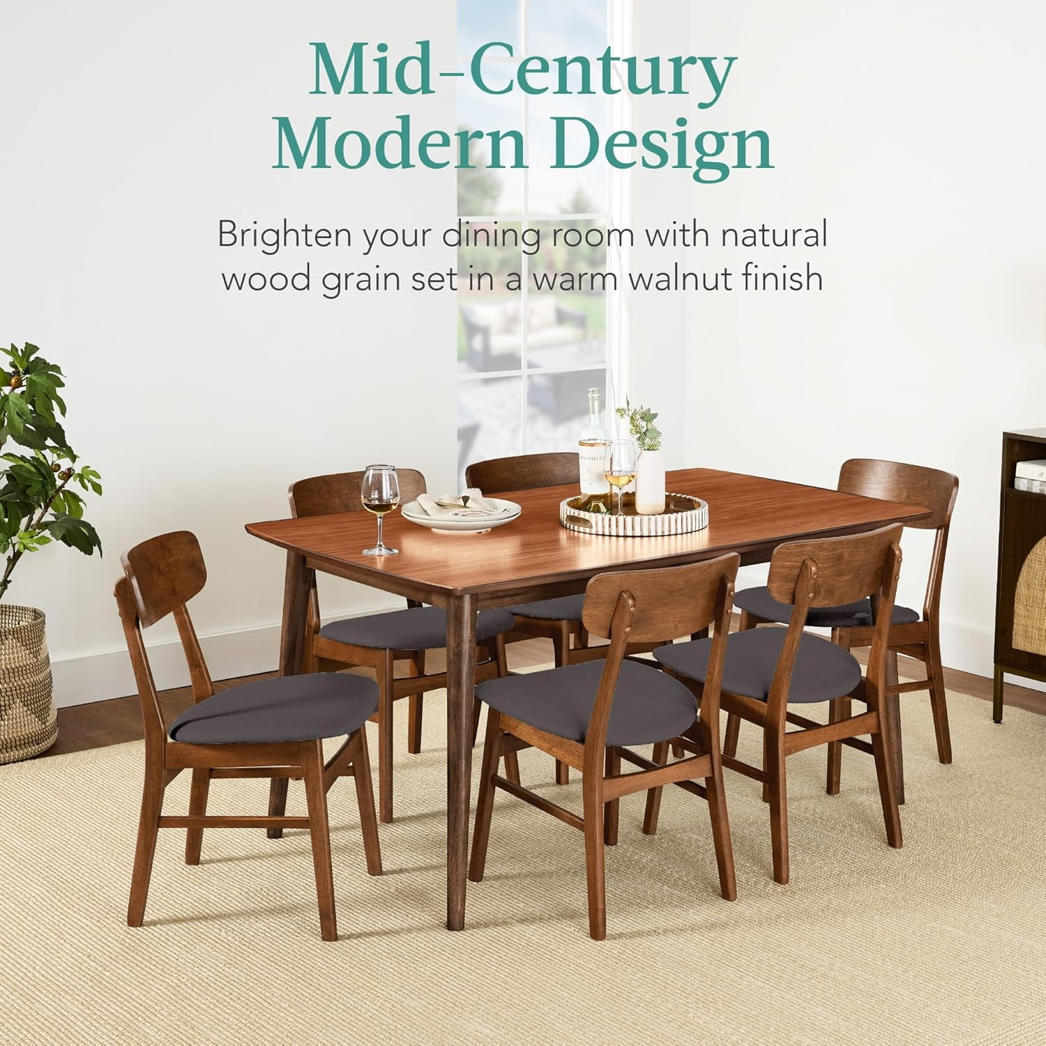 7-Piece Wooden Dining Room Table Set, Mid-Century Modern, Kitchen Table ...