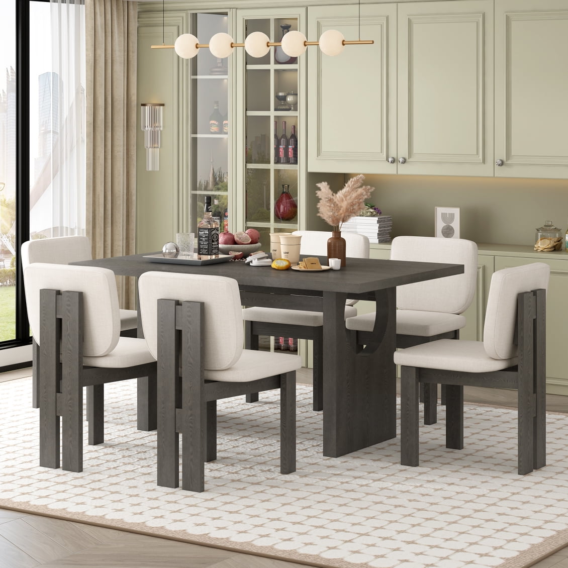7-Piece Wooden Dining Set, 59" Rectangular Table with Upholstered 6 ...