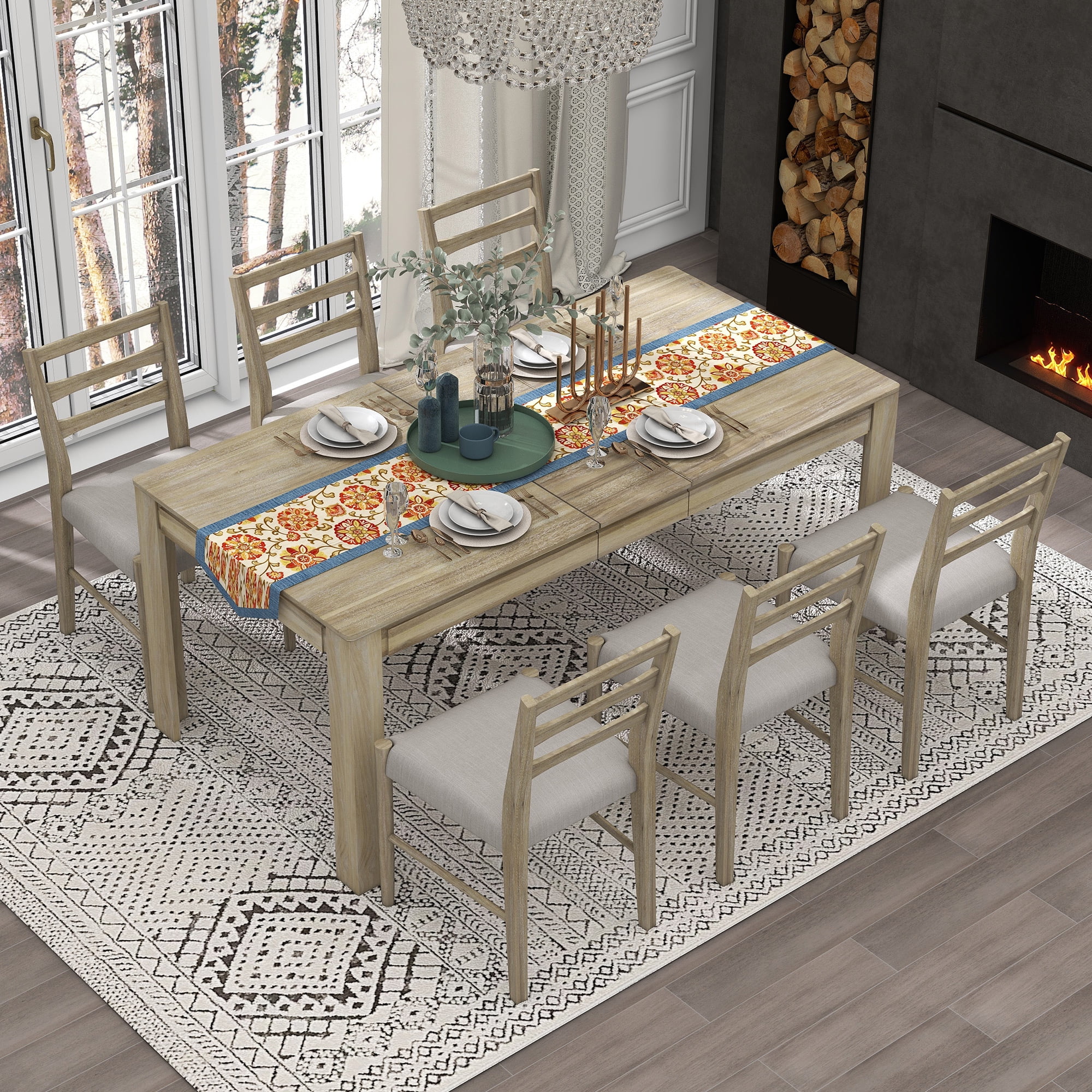 7-Piece Wooden Dining Table Set Mutifunctional Extendable Table with 12 ...