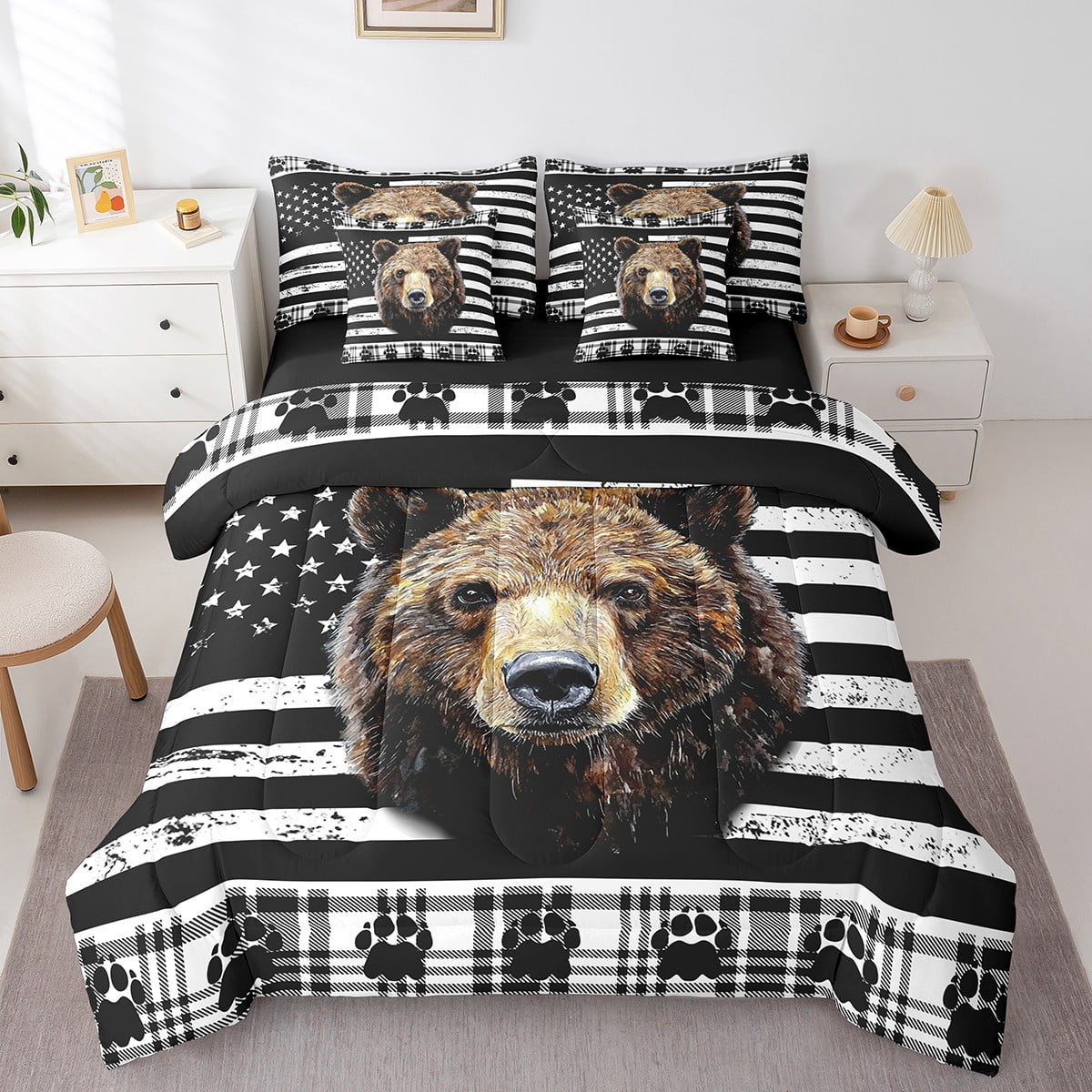 7 Piece Woodland Bear Bedding Set King Black White American Flag ...