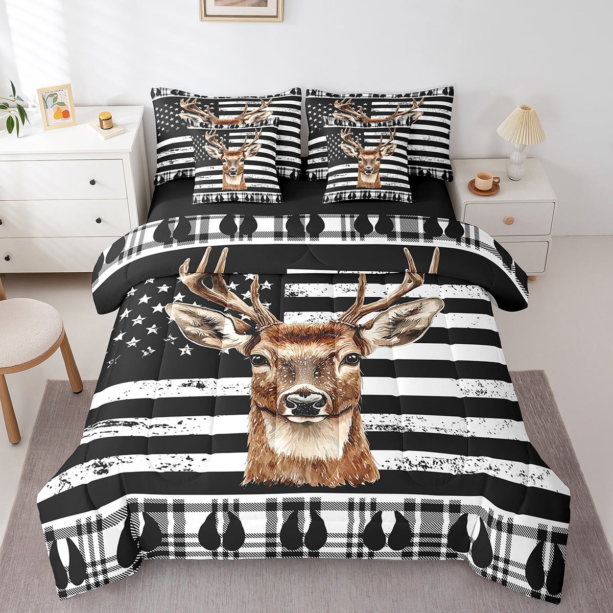 7 Piece Woodland Deer Bedding Sets Full Black White American Flag ...