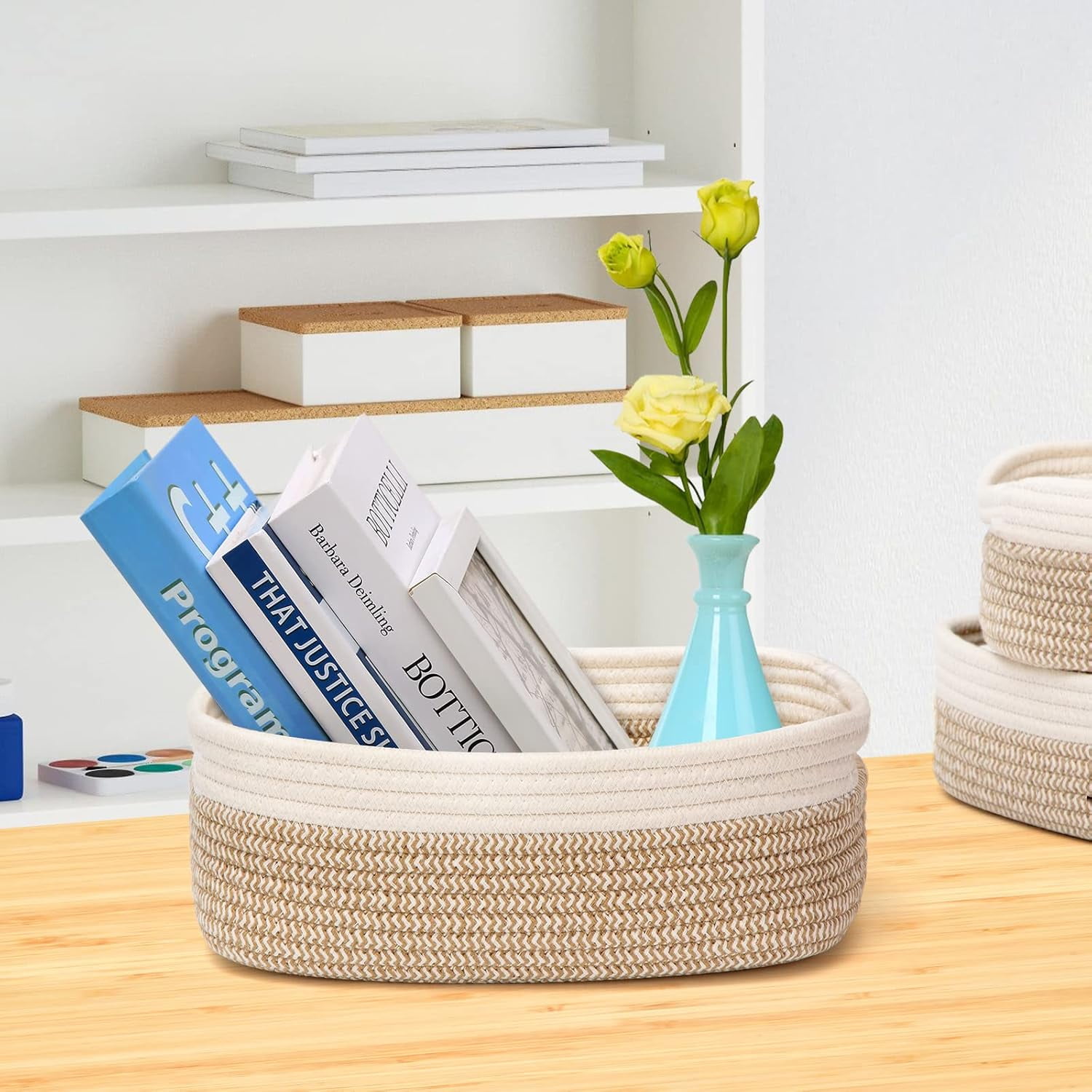 7-Piece Woven Organizer Baskets + Multi-Purpose Cotton Rope Bins ...