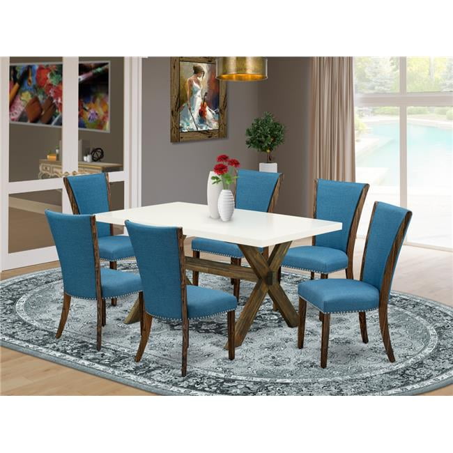 7 Piece X-Style Dinette Set - Distressed Jacobean, Linen White & Blue ...