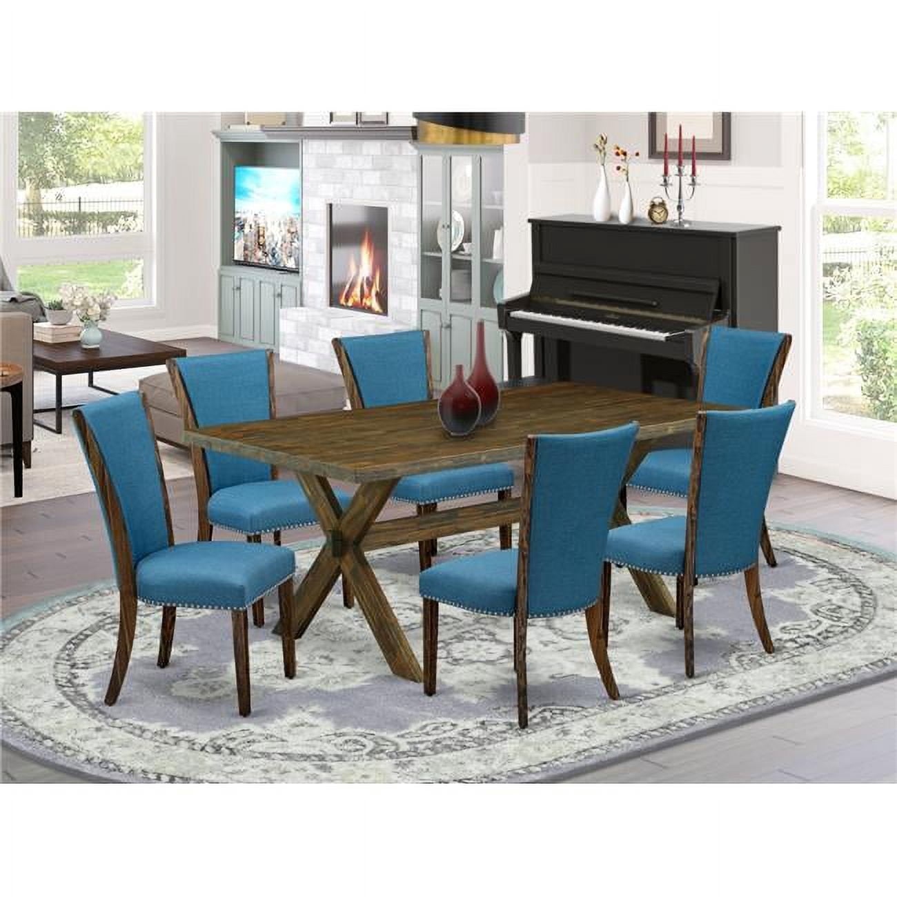 7 Piece X-Style Dining Table Set - Distressed Jacobean & Blue - Walmart.com