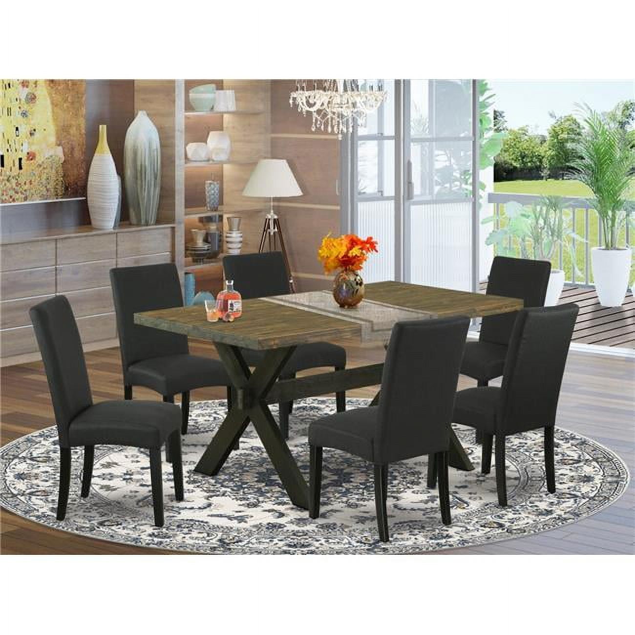 7 Piece X-Style Modern Dining Table Set - Distressed Jacobean & Black ...