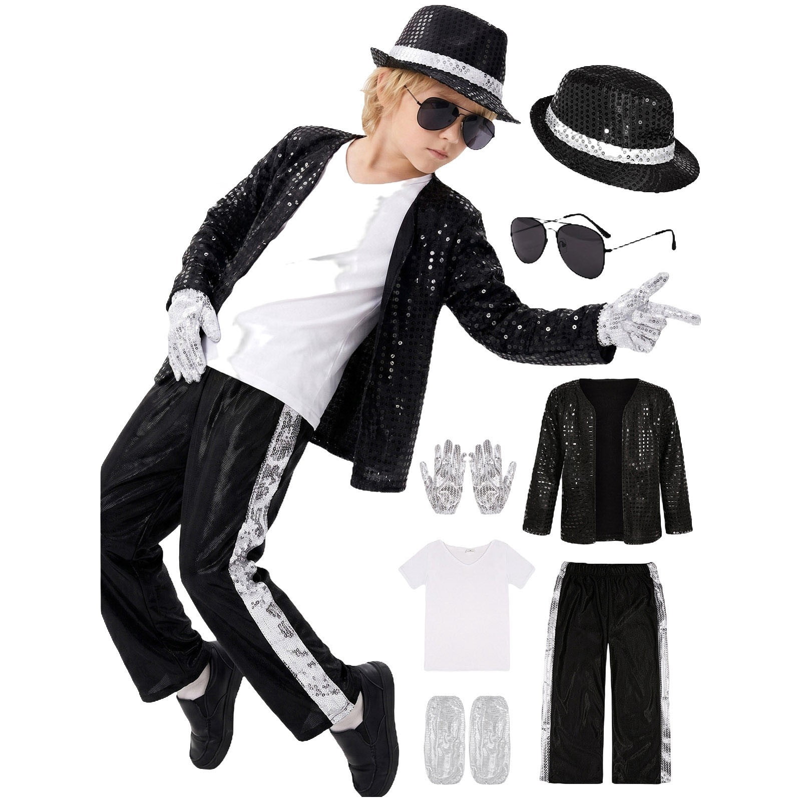 7-Piece 𝐂ostume Set | Black Sequin Jacket, Trousers, Hat & Gloves | 80s ...