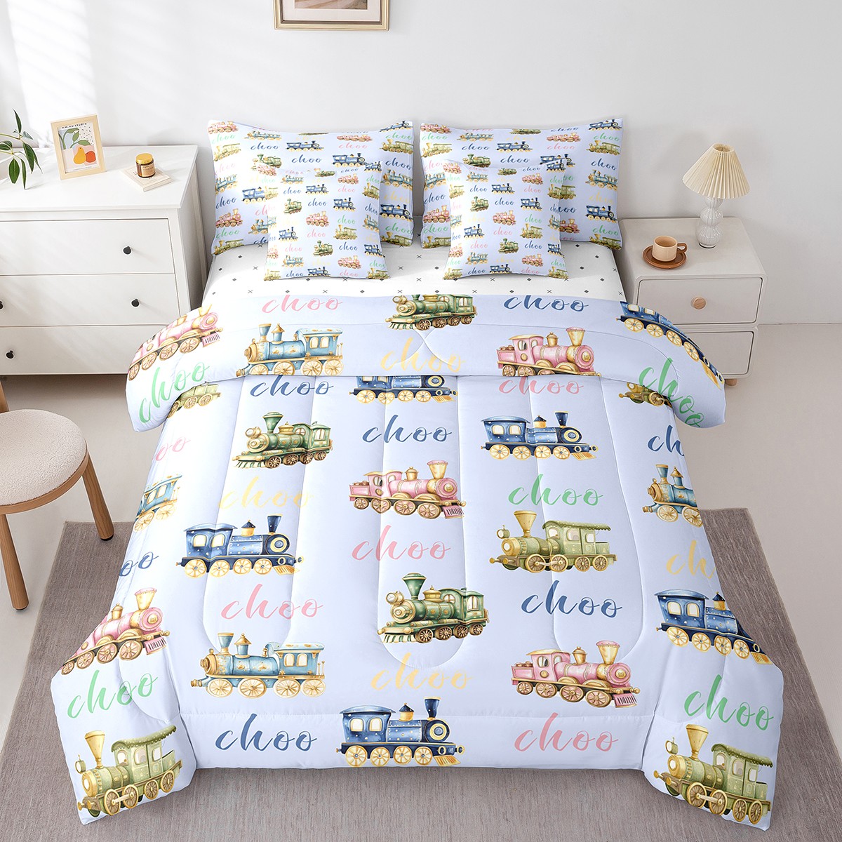 7 PieceQueen Size Colorful Train Comforter Set,Cartoon Steam Transport ...