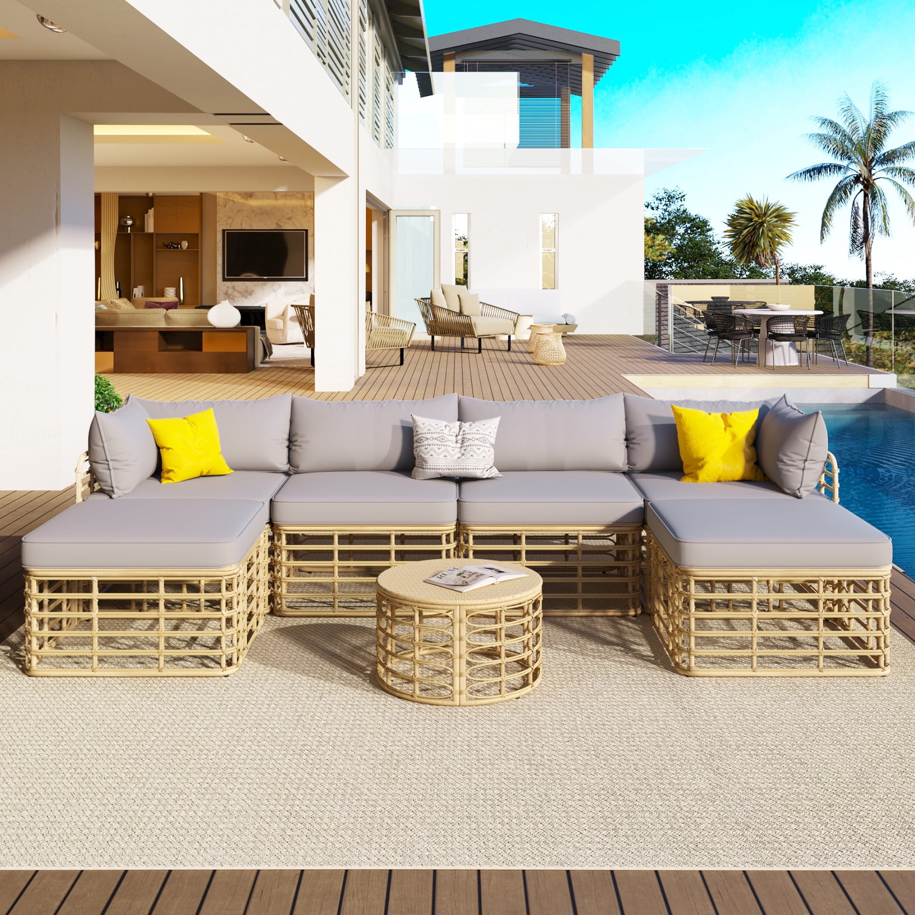 7 Pieces 6 Seat Outdoor Patio Furniture Sets with Adjustable Feet, All ...