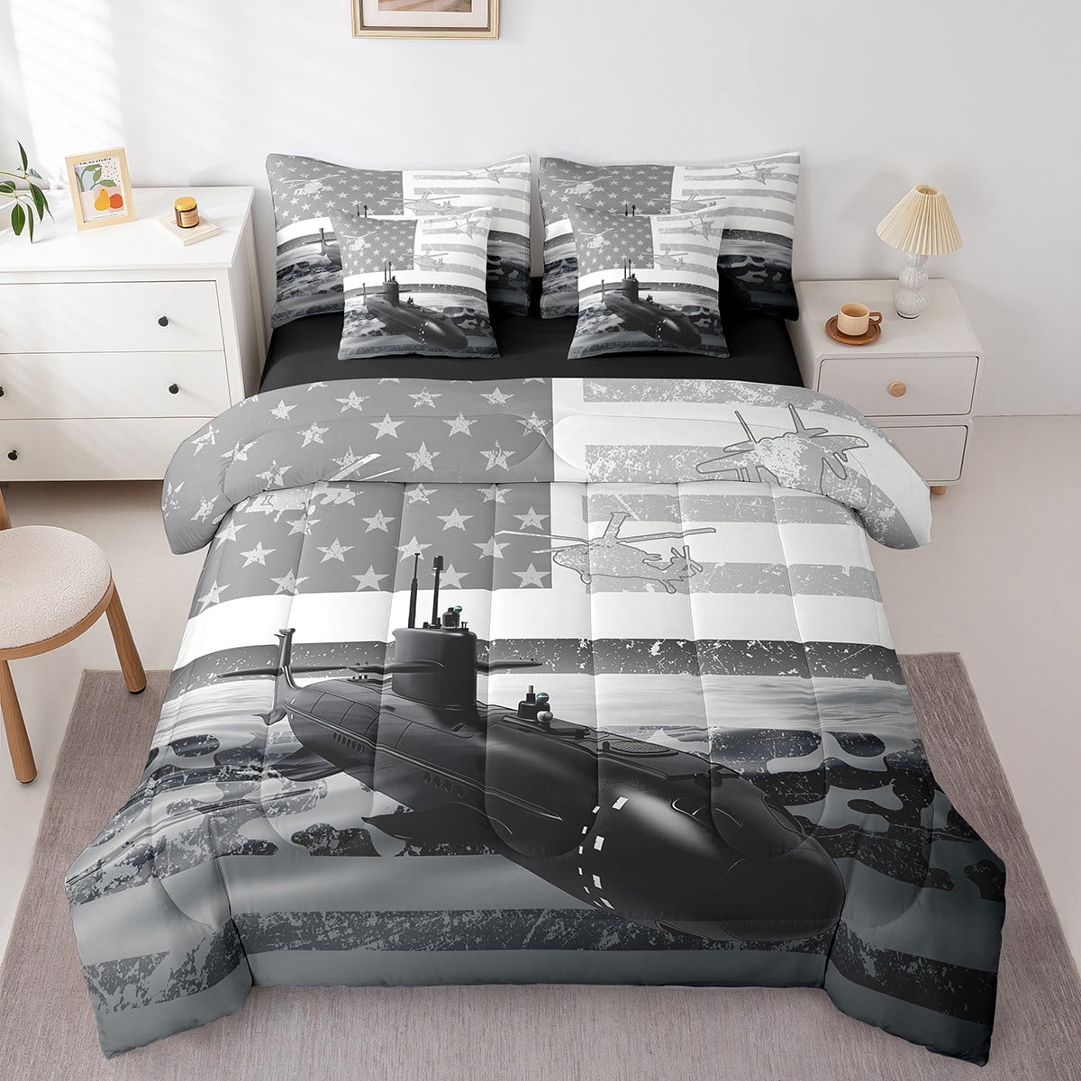 7 Pieces American Flag Bedding Full, Camo Aircraft Comforter Set ...