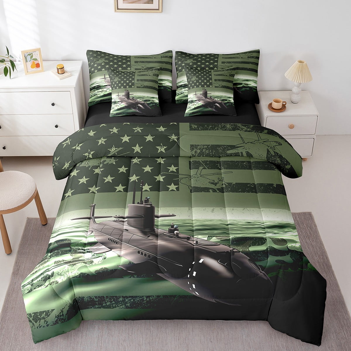 7 Pieces Army Aircraft Comforter Set, Camo American Flag Bedding Twin ...